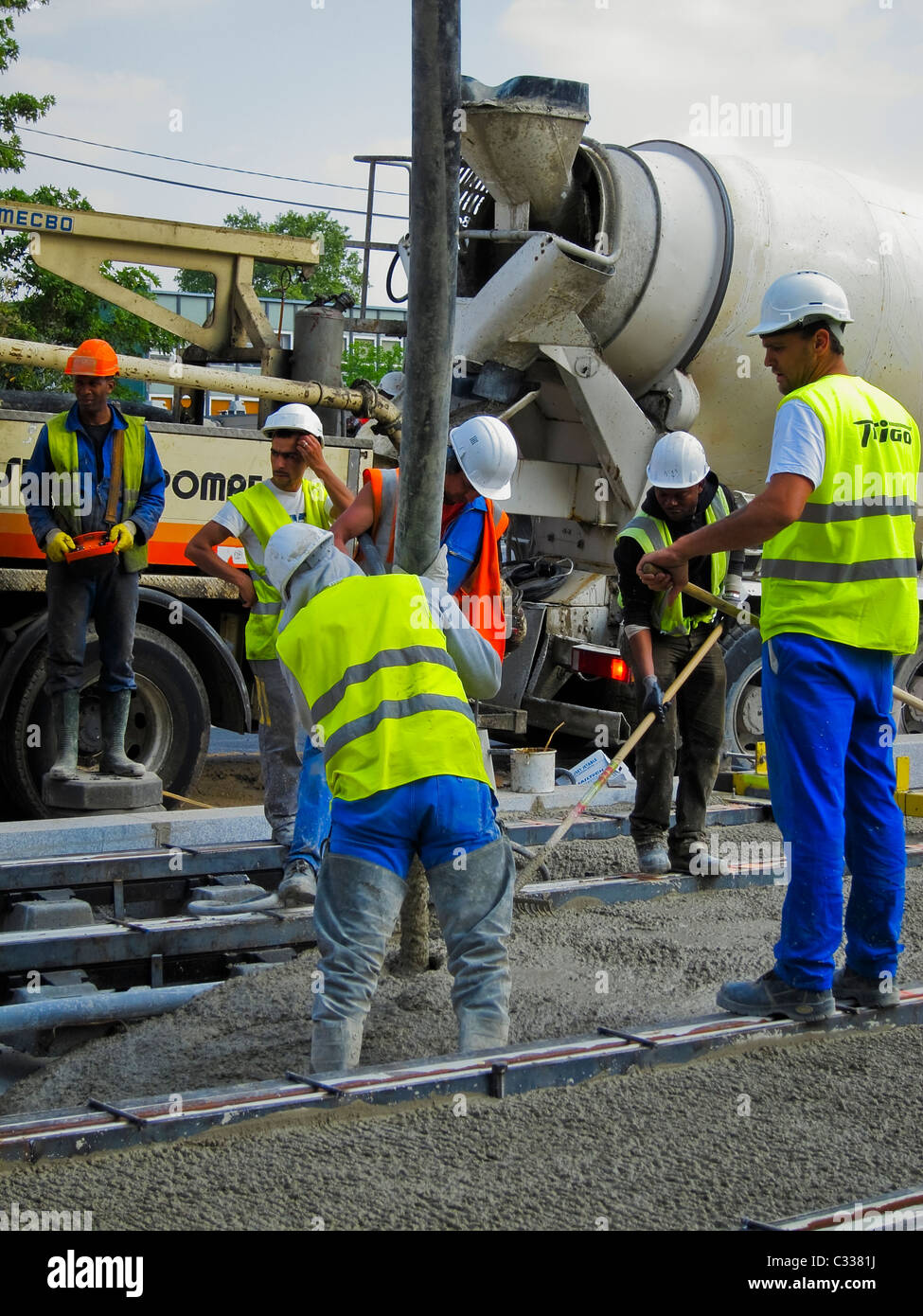 Paris, France, Tramway T3 Construction Site, Men Working in Concrete ...