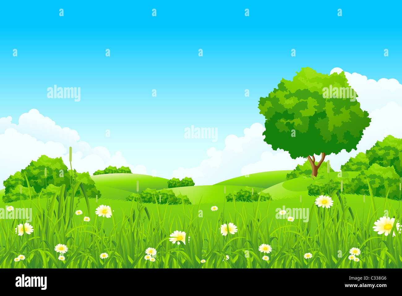 Green landscape with trees and clouds Stock Photo - Alamy