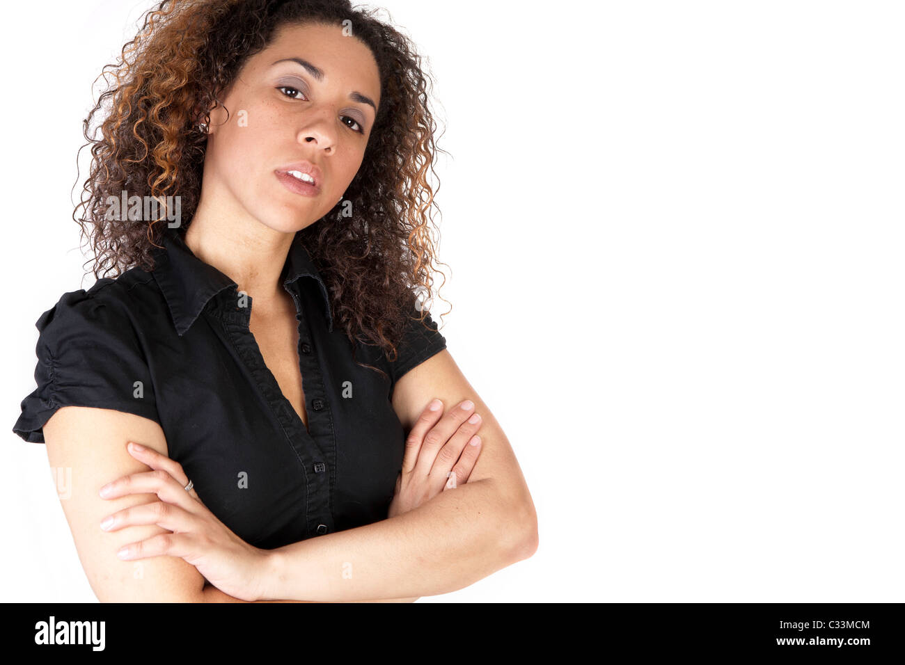 Confident looking woman on white background with space for copy Stock ...