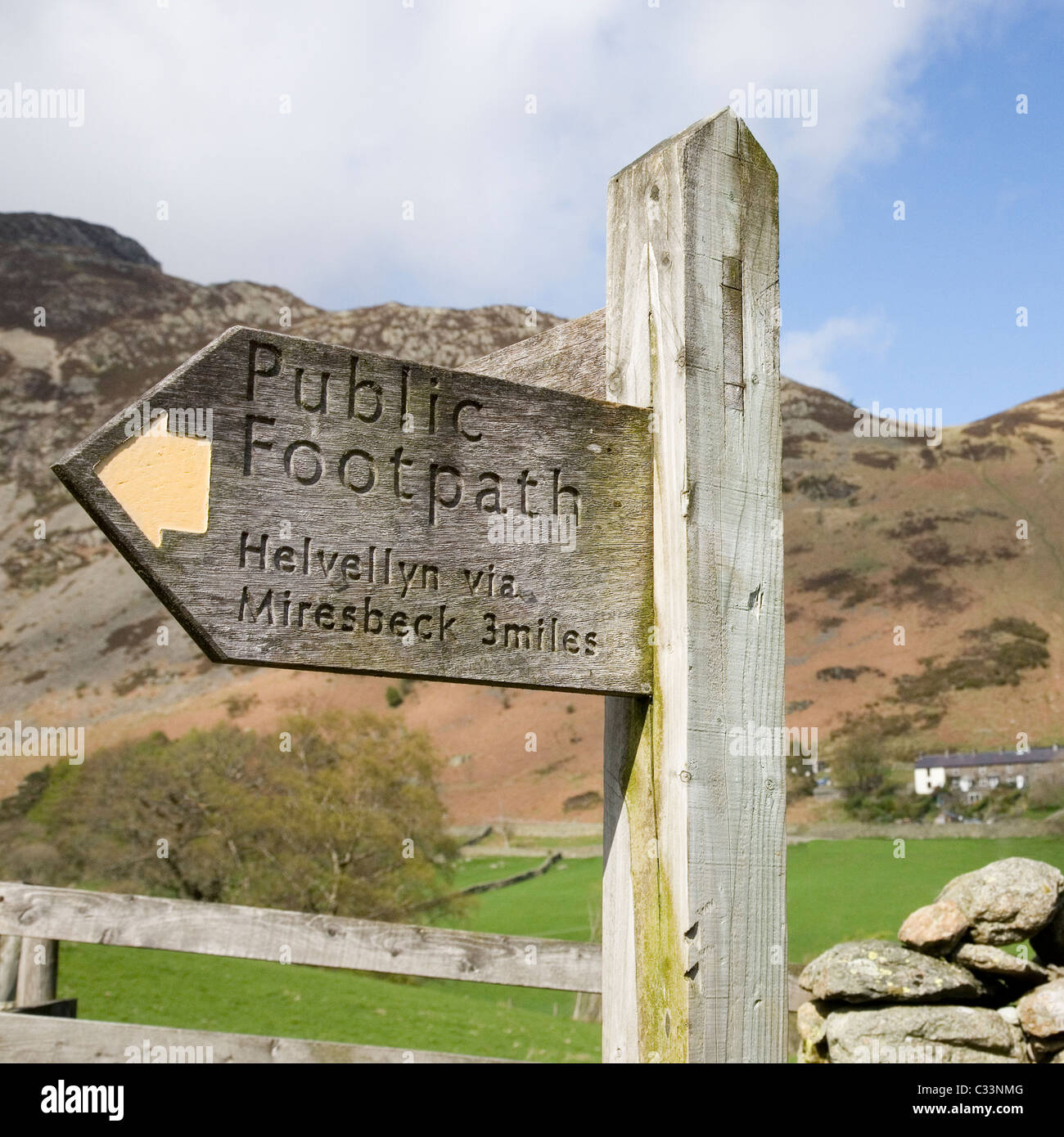 public footpath signpost to Helvellyn lake district on shores of ...