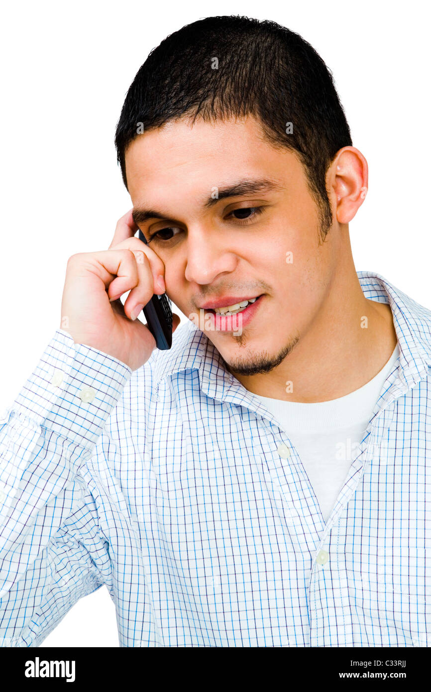 Man talking on a mobile phone isolated over white Stock Photo - Alamy