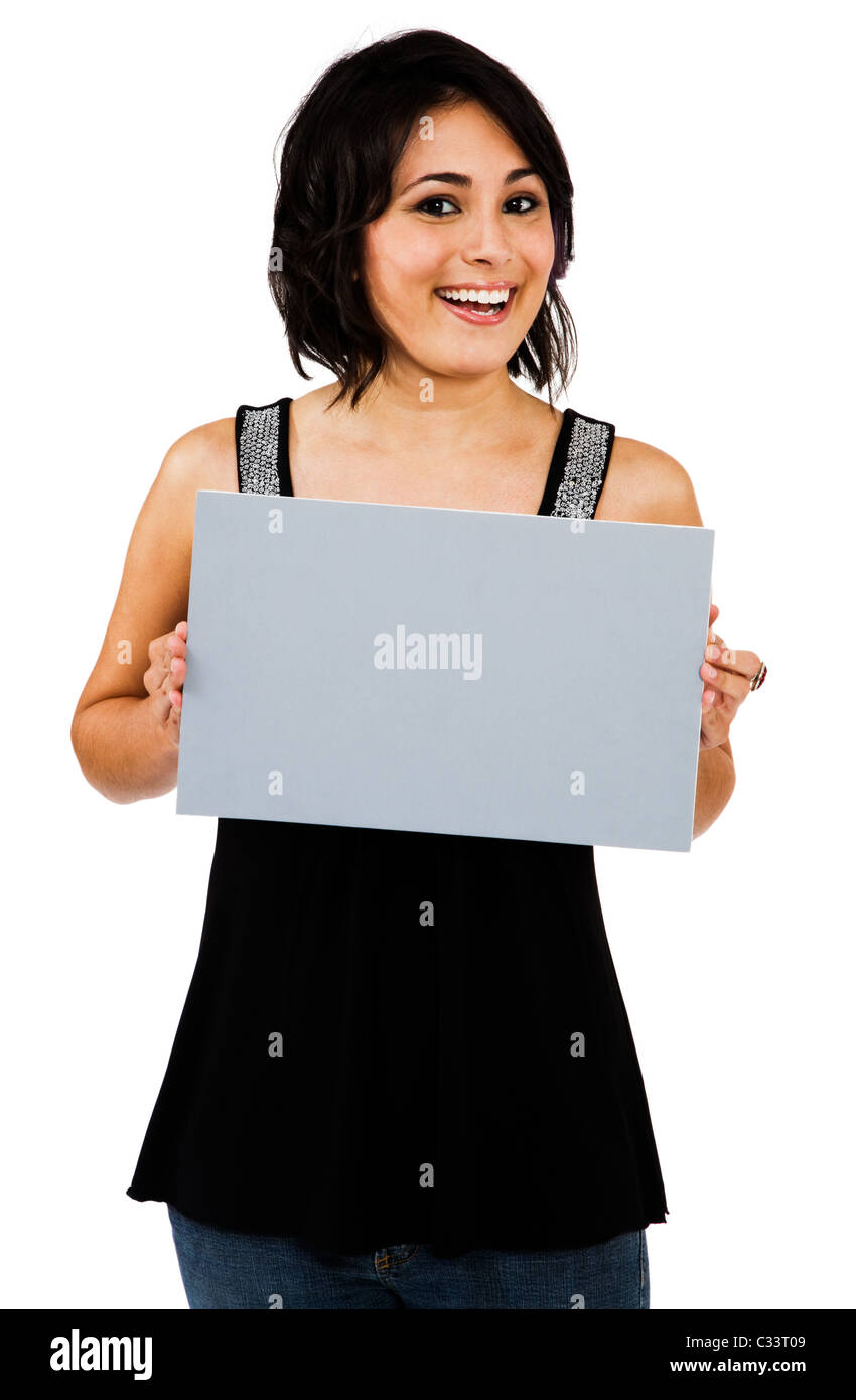 Close-up of a woman showing an empty placard isolated over white Stock ...