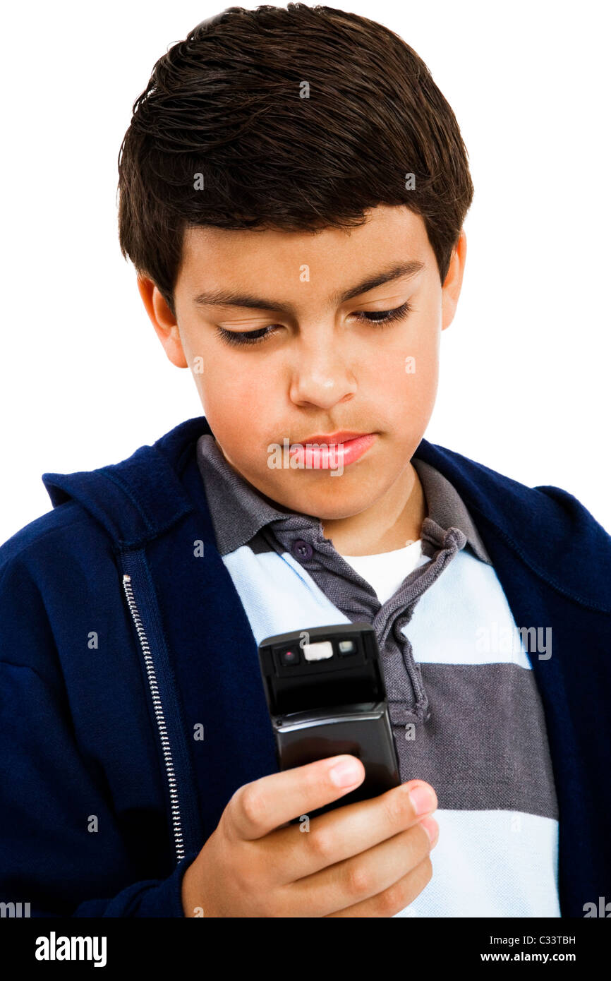 Boy text messaging isolated over white Stock Photo - Alamy