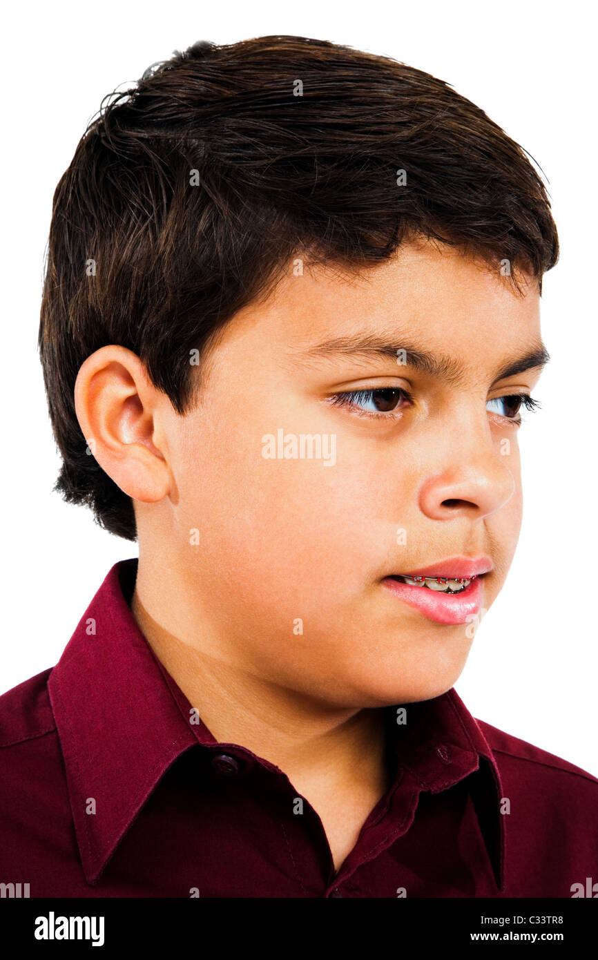 Close-up of a boy thinking isolated over white Stock Photo - Alamy