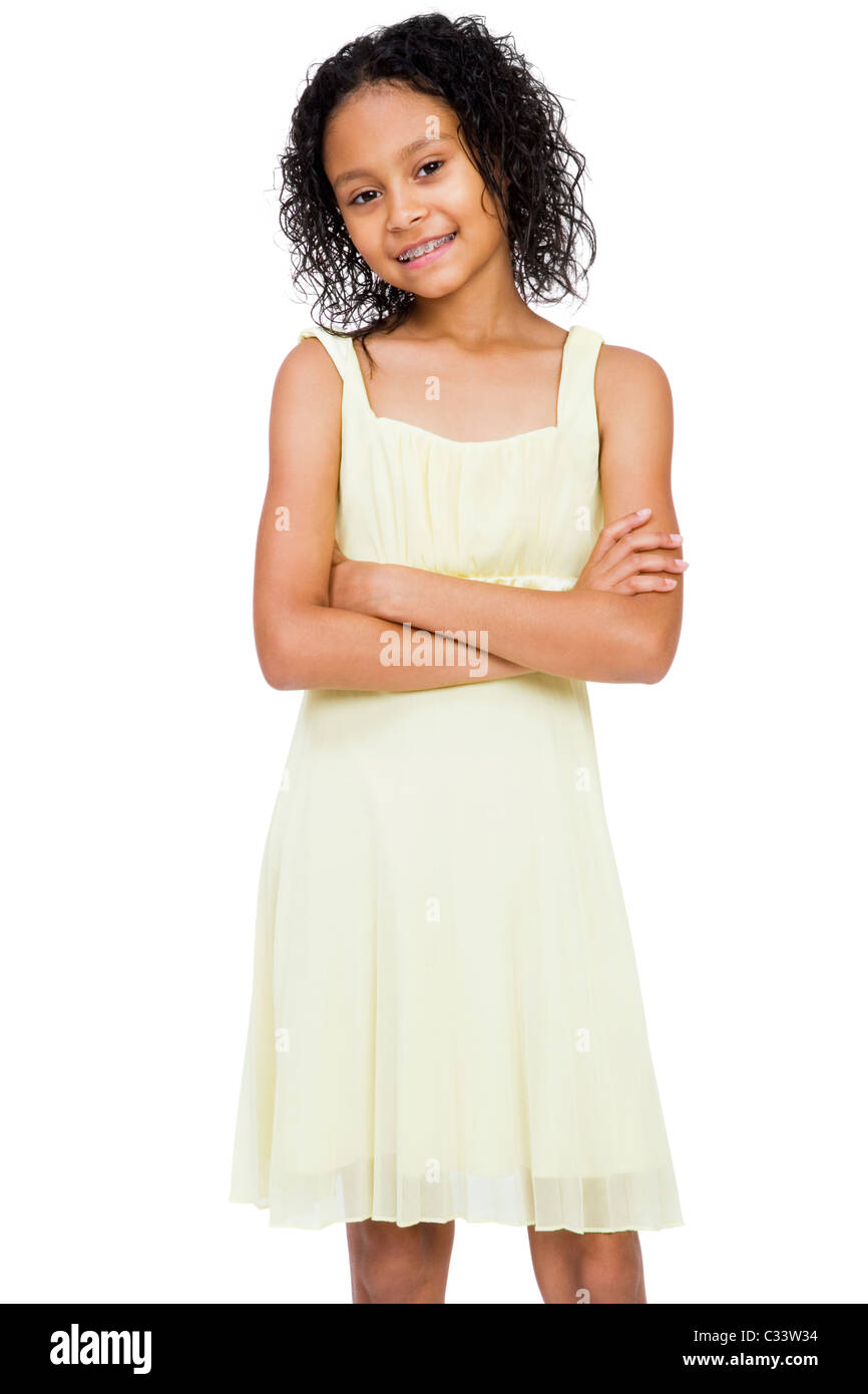Portrait of a girl standing and smiling isolated over white Stock Photo ...