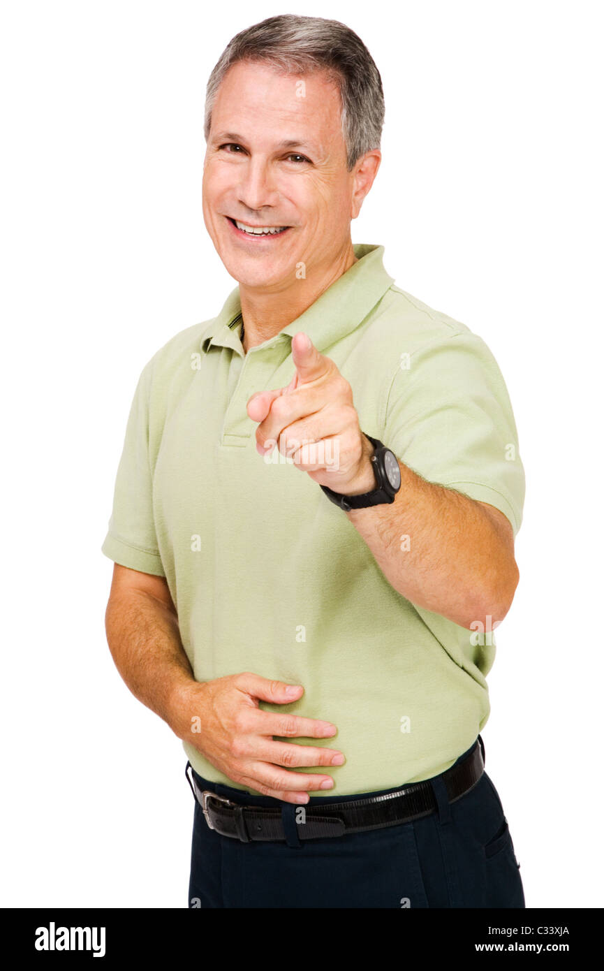 Man pointing and smiling isolated over white Stock Photo - Alamy
