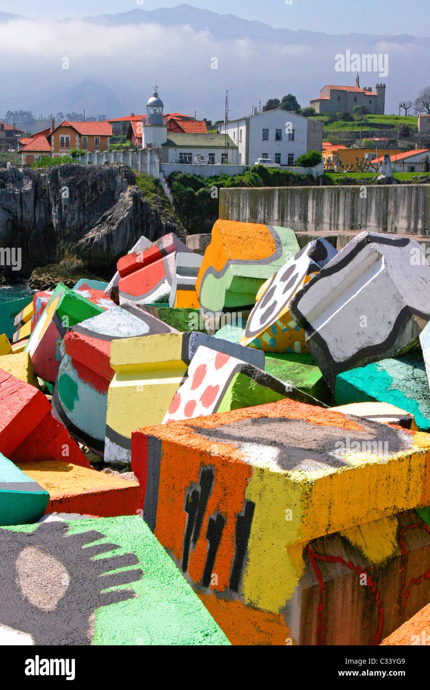 Port of Llanes, Cubes of Memory in the foreground and lighthouse in the ...