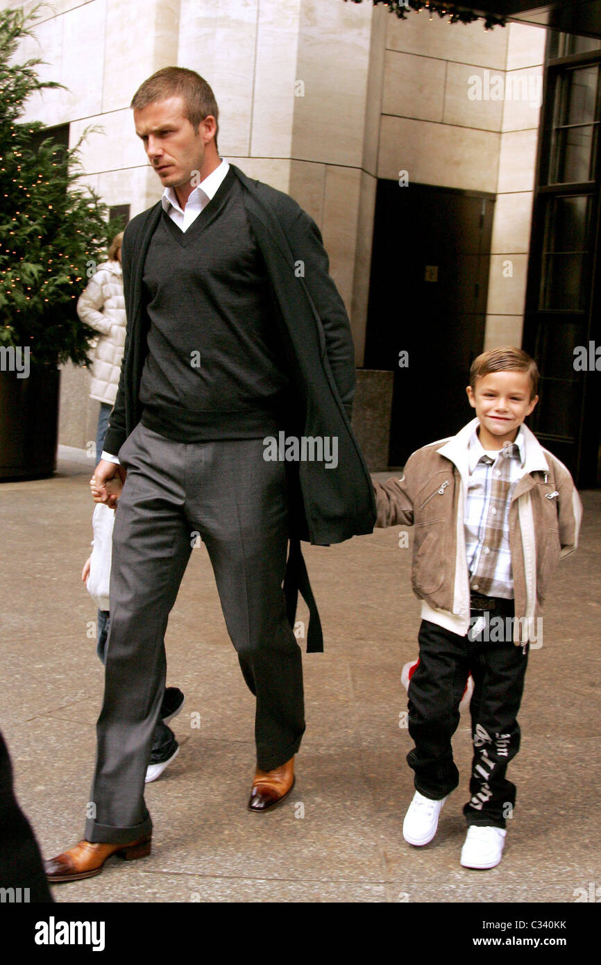 David Beckham and Romeo Beckham leaving their Manhattan Hotel New York ...
