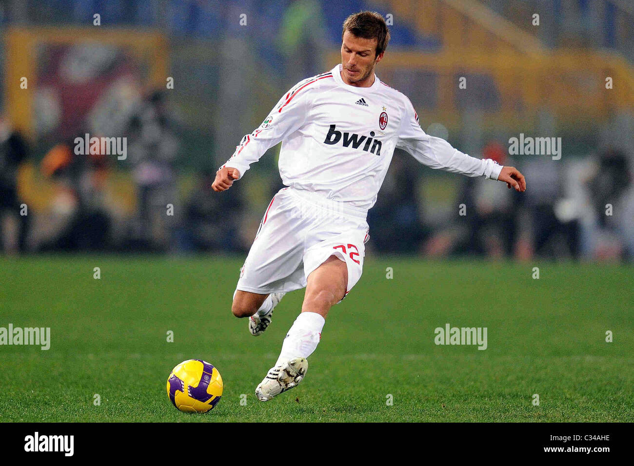 David Beckham takes a free kick whilst playing a Serie A match for A.C ...