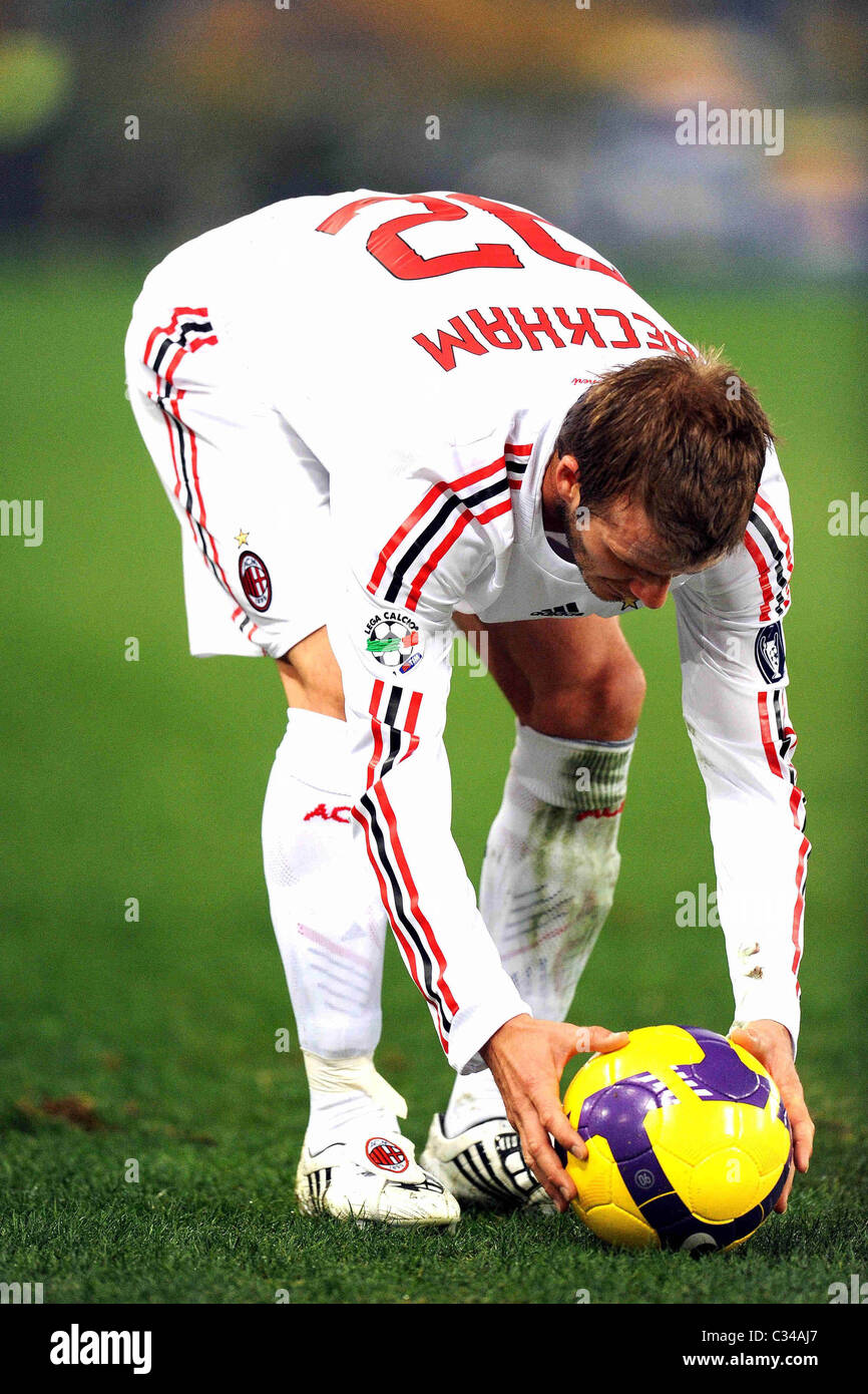 David Beckham places the ball whilst playing a Serie A match for A.C ...