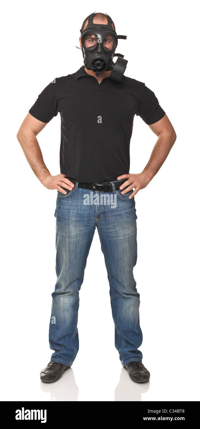 standing caucasian man with gas mask isolated on white Stock Photo - Alamy