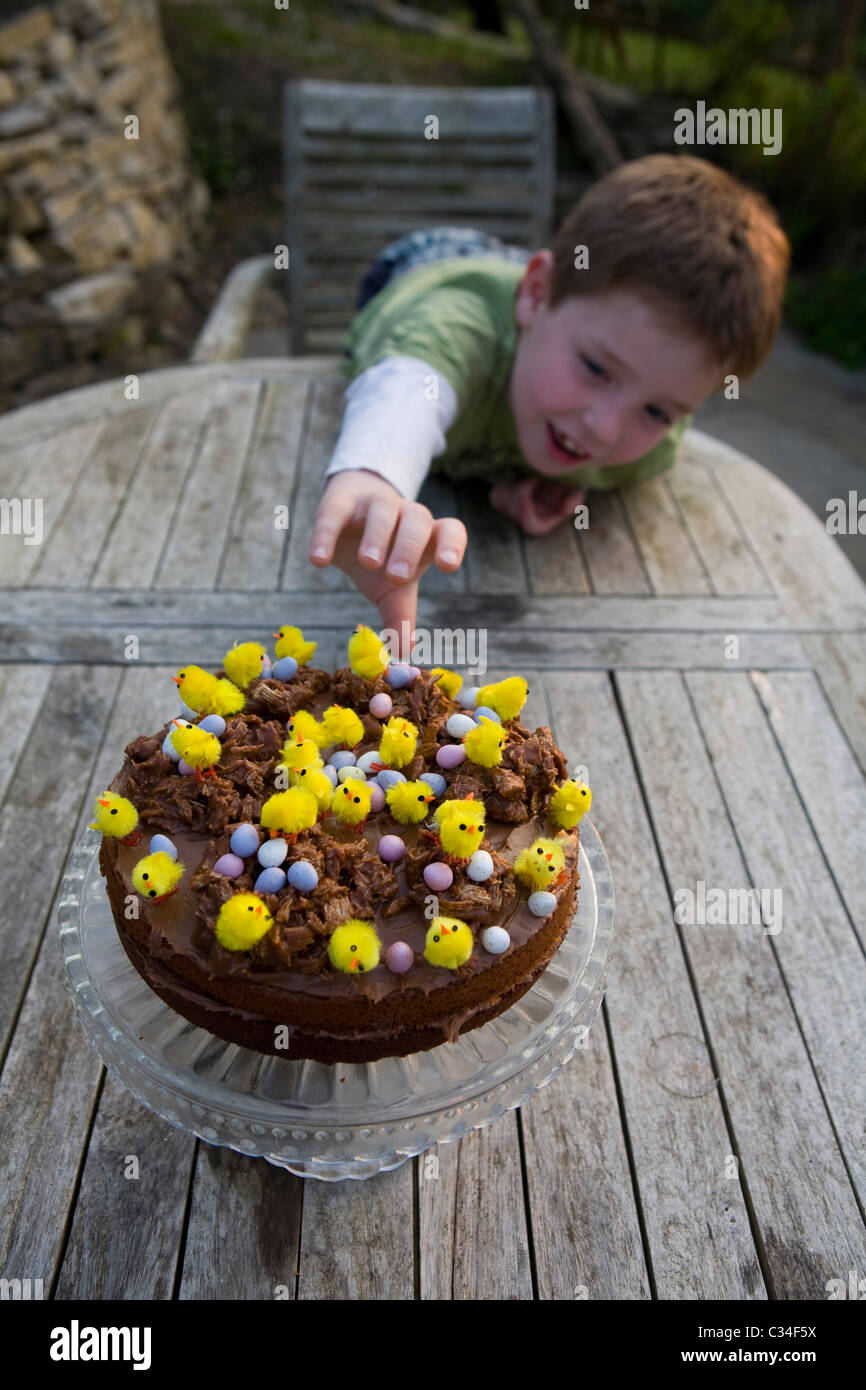 Boy stretching to reach Easter chocolate cake Stock Photo - Alamy