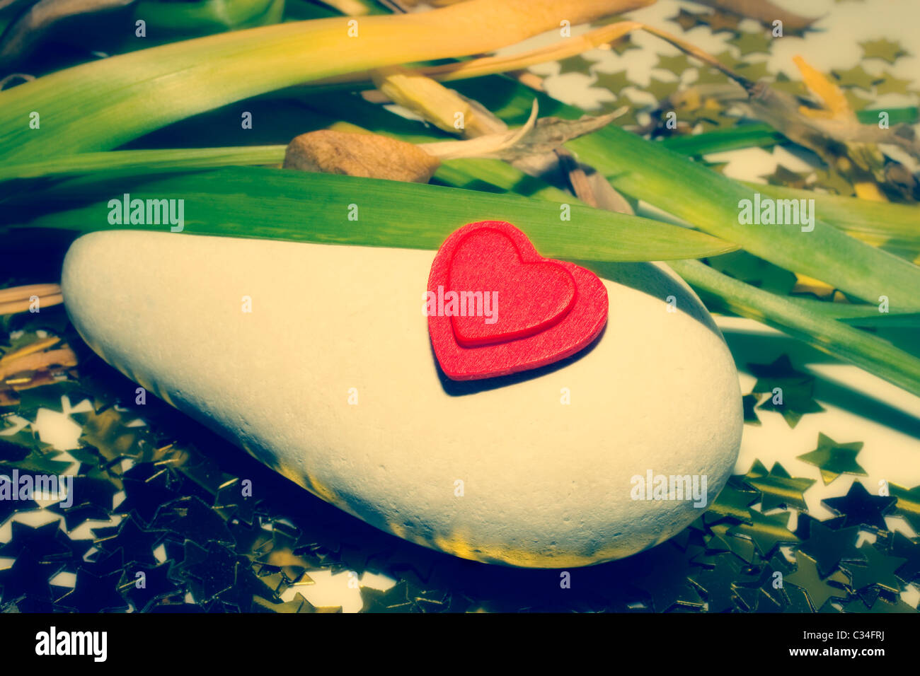 Red heart lying on a rock in the grass Stock Photo - Alamy
