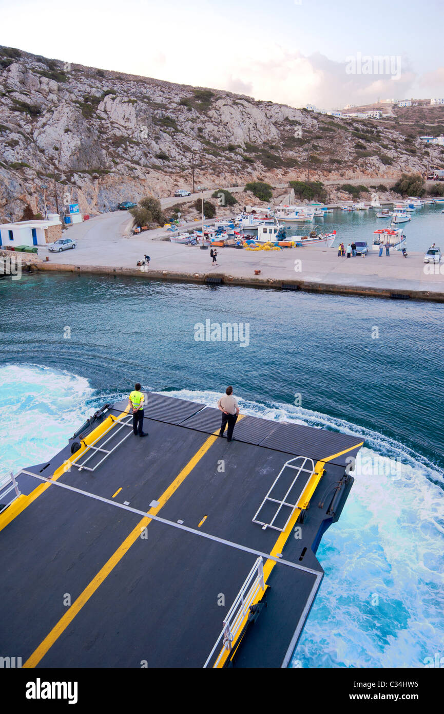 View of the loading ramp of a Greek ferry approaching the dock of Agios ...