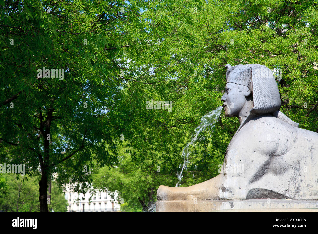 An Egyptian Sphinx spouting water at La Fontaine du Palmier, Place du ...