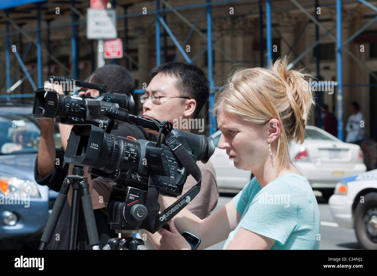 News camera operators at a press conference in New York in Lower ...