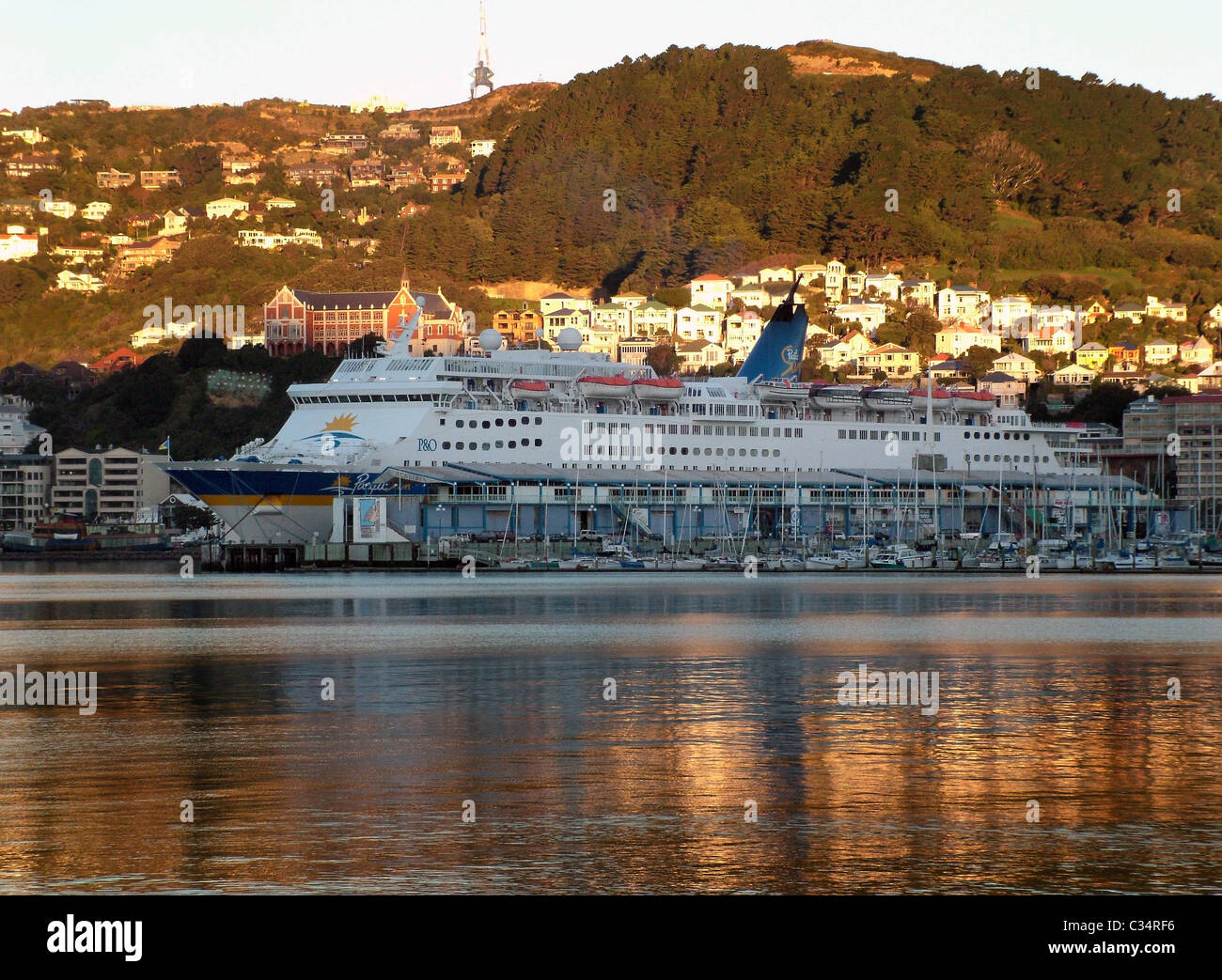 Cook Strait Ferry in port under late afternoon sun, Wellington, capital ...