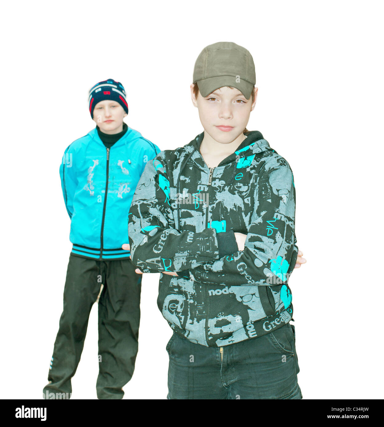 Cool two friends guys standing back to back with hands crossed and ...