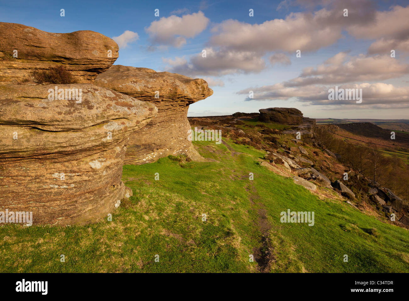 Gritstone rocks on Froggatt Edge Derbyshire Peak district national park ...