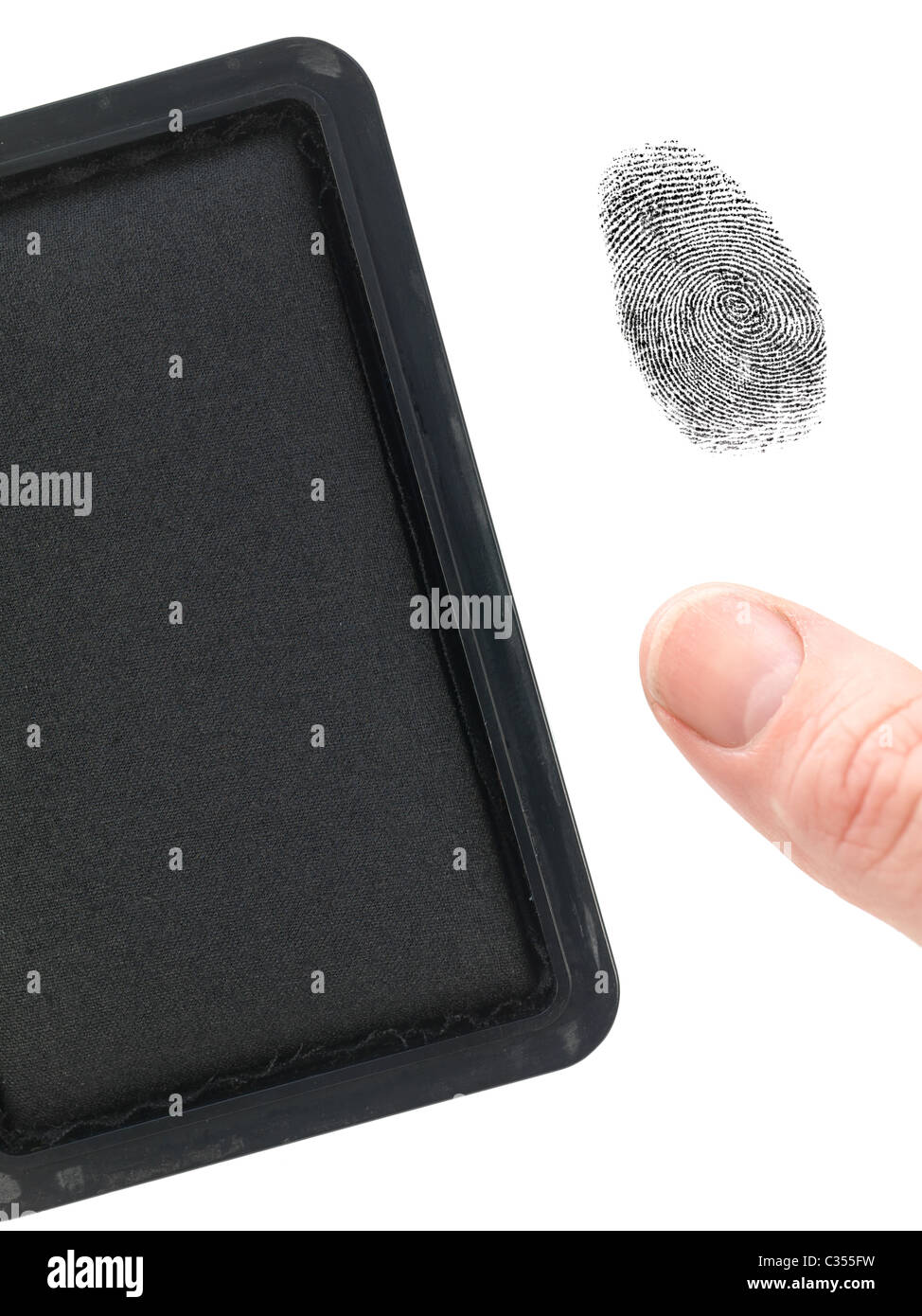 A finger print and a stamp pad isolated against a white background ...