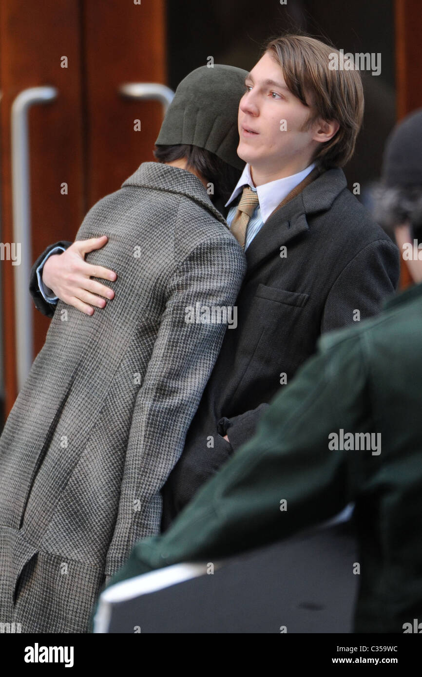 Katie Holmes and Paul Dano on the set of their new film 'The Extra Man' shooting on location in ...