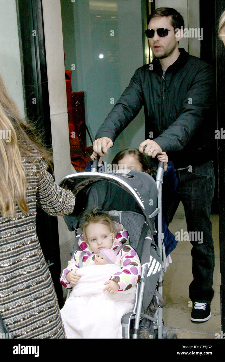 Tobey Maguire pushes a stroller with his daughter Ruby Maguire as they ...