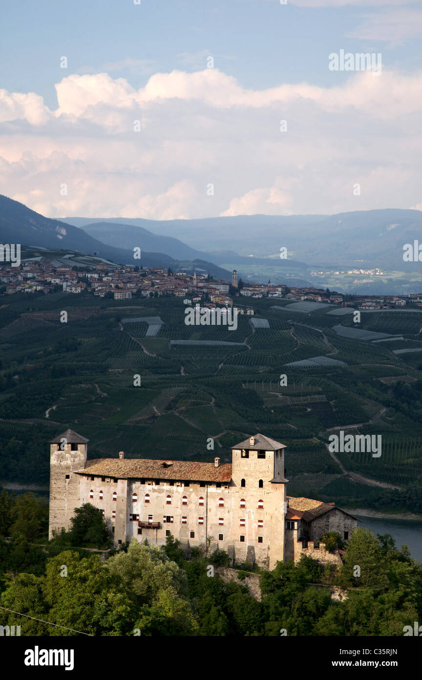Cles castle, in the background Romeno village, Santa Giustina lake, Non ...