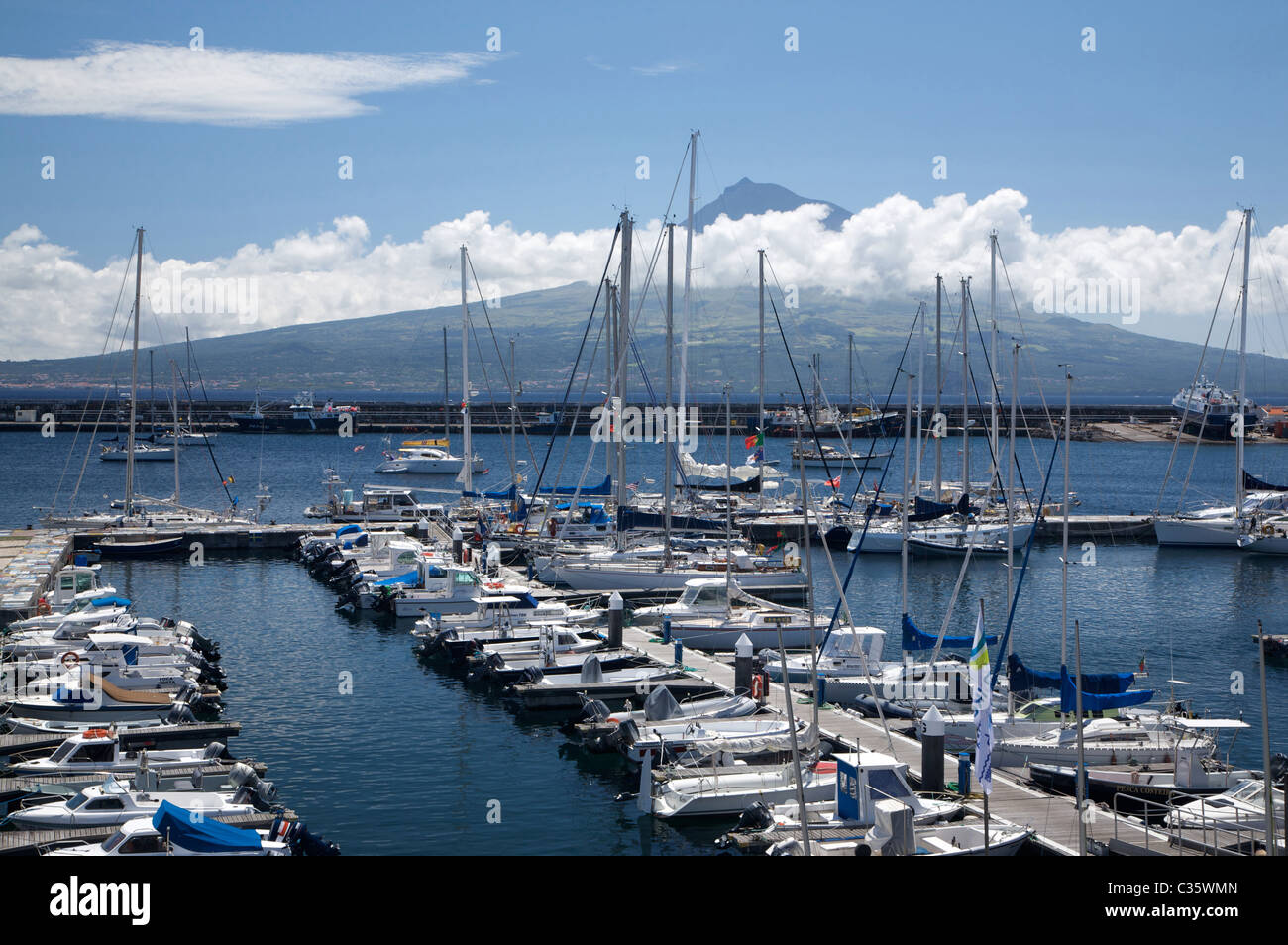 Horta harbour and view of Pico island, Fajal, Azores Island, Portugal ...