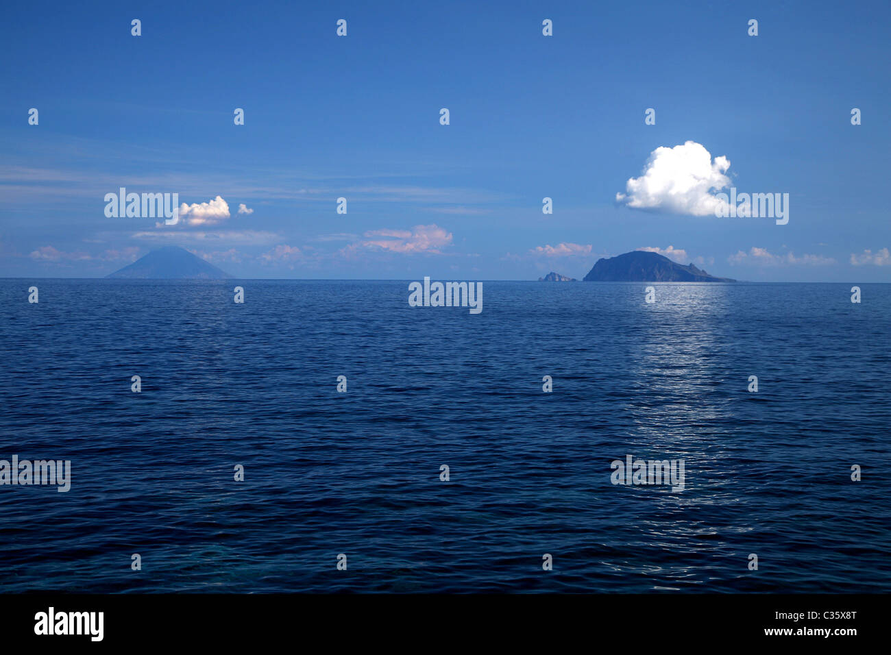 view of Stromboli and Panarea island, from Punta Scario, Salina, Sicily ...
