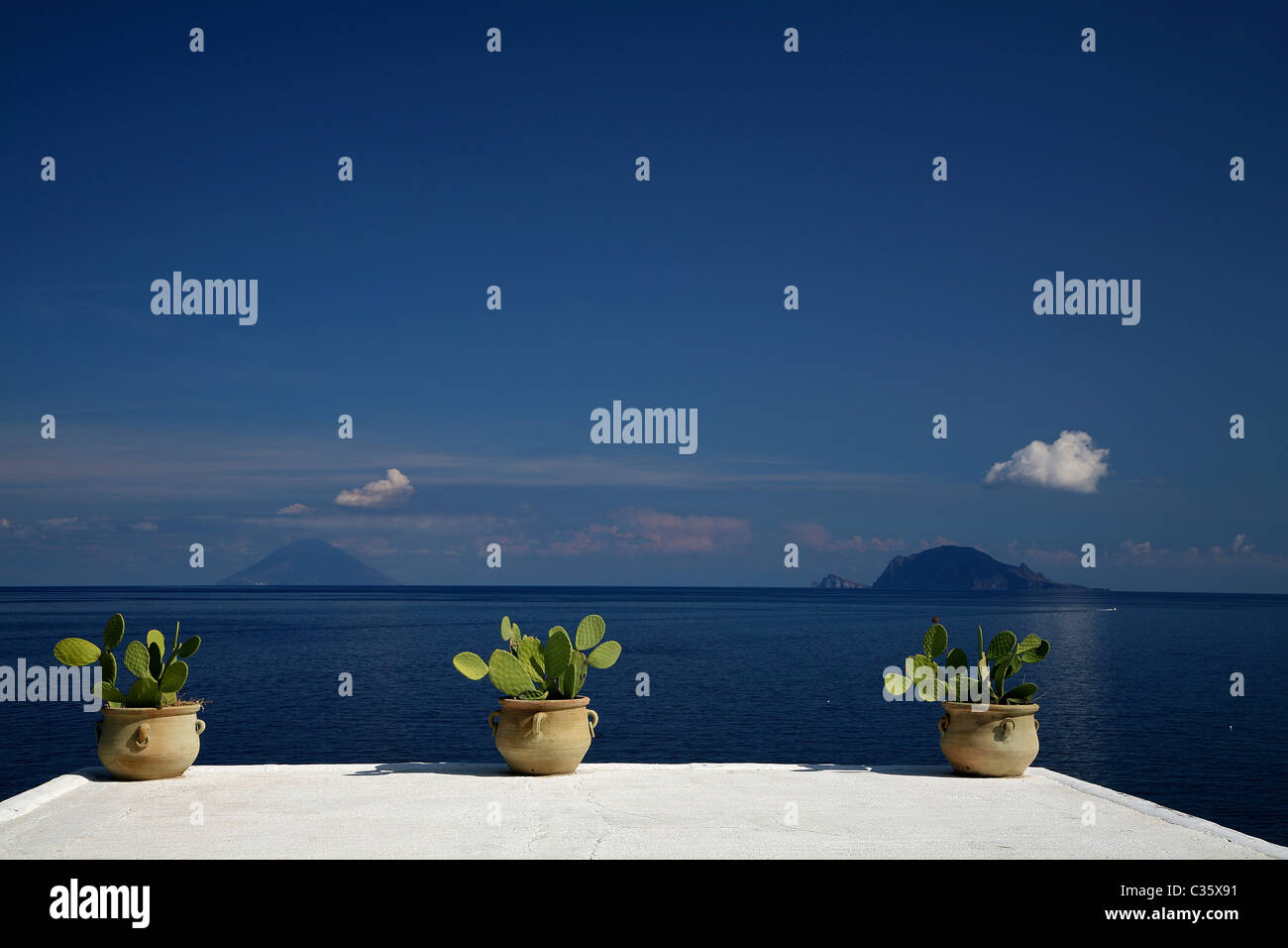 view of Stromboli and Panarea island, from Punta Scario, Salina, Sicily ...