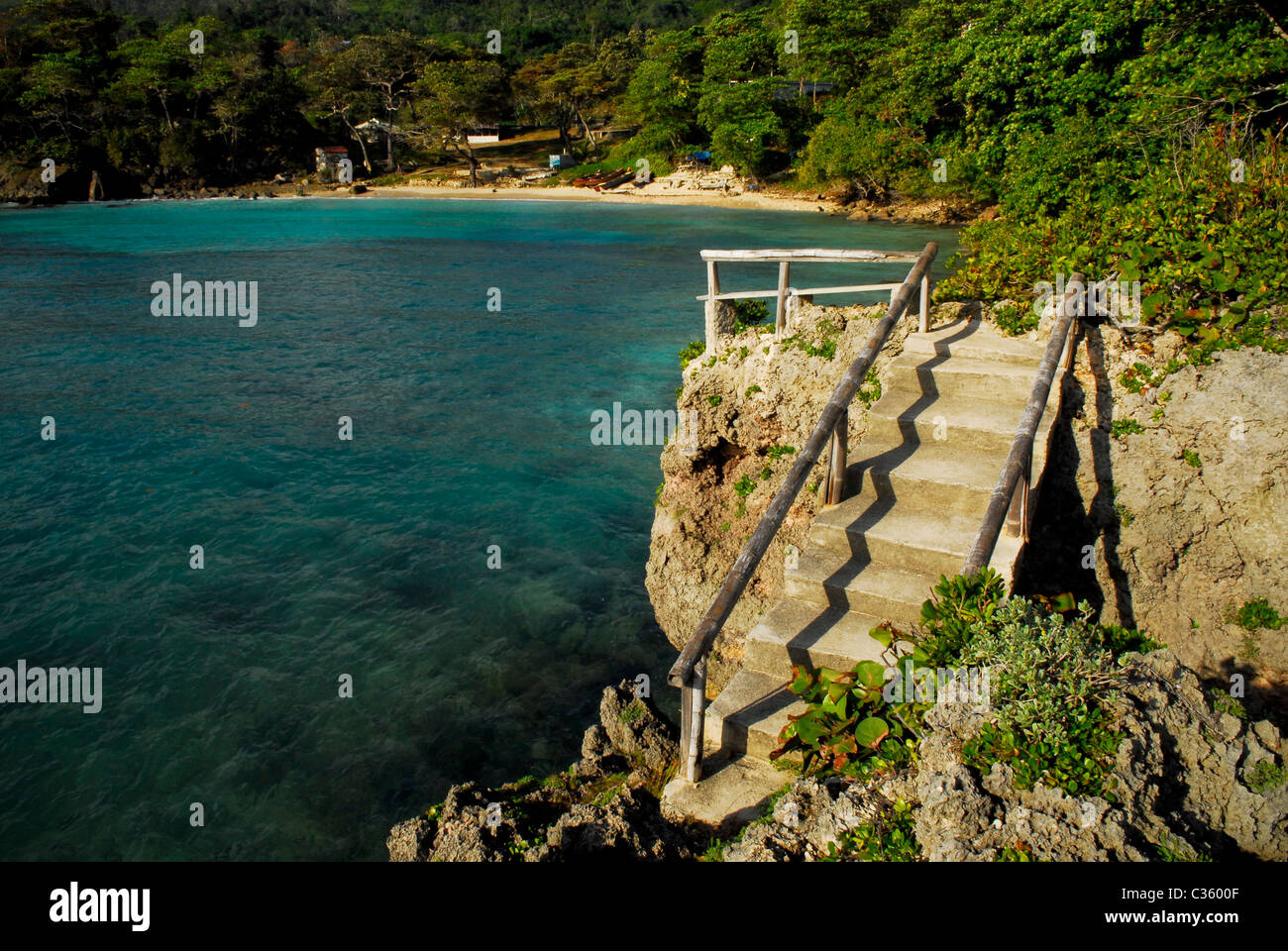 Stairs along the beach cove at Great Huts eco-resort, Boston Bay ...