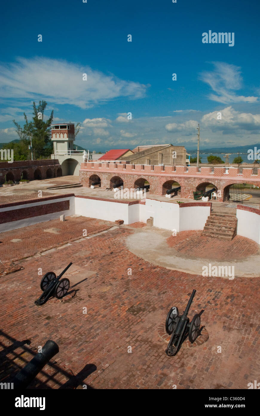 View of cannons and tower in courtyard of Fort Charles, in Port Royal ...