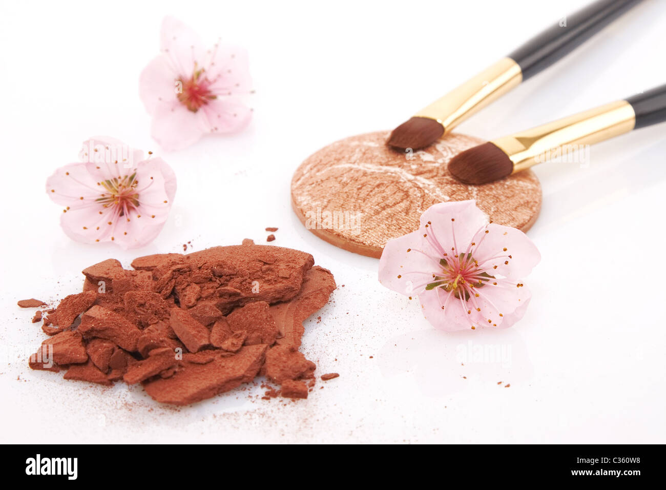 brown powder for makeup, flowers and two brush Stock Photo - Alamy