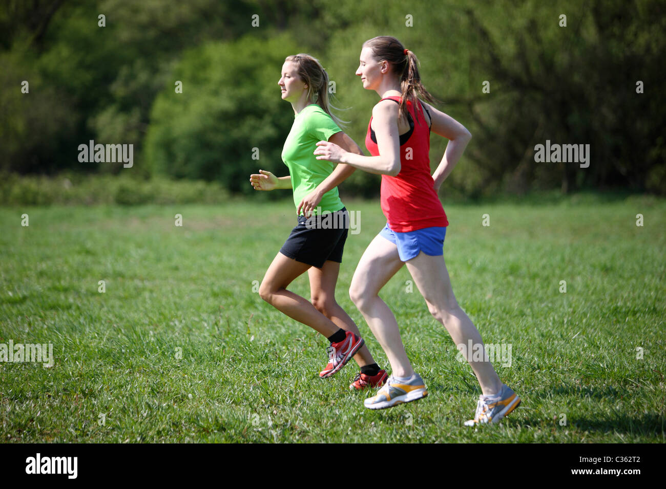 Two female hobby runners. Jogging in nature, in summer Stock Photo - Alamy