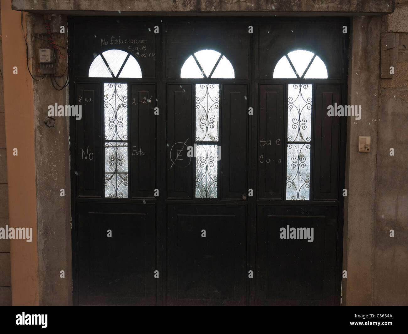 A set of doors with very fancy iron work and three identical windows in ...