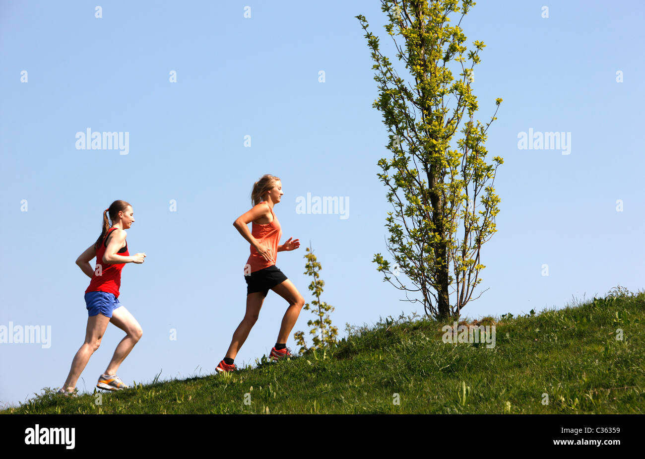 Two female hobby runner in a public park. Jogging uphill Stock Photo ...