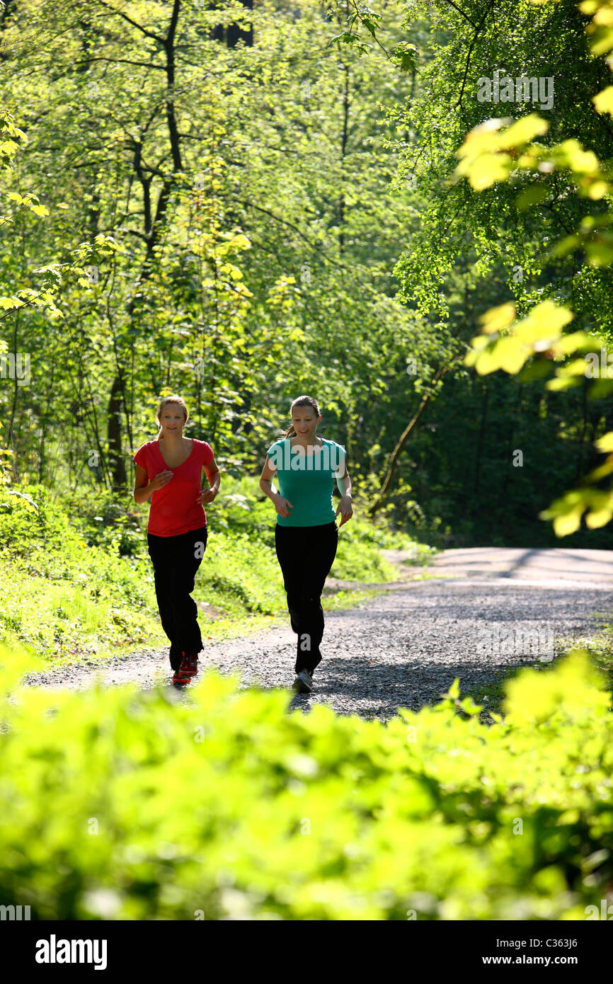 Two female hobby runners, jogging in a forest in summer Stock Photo - Alamy