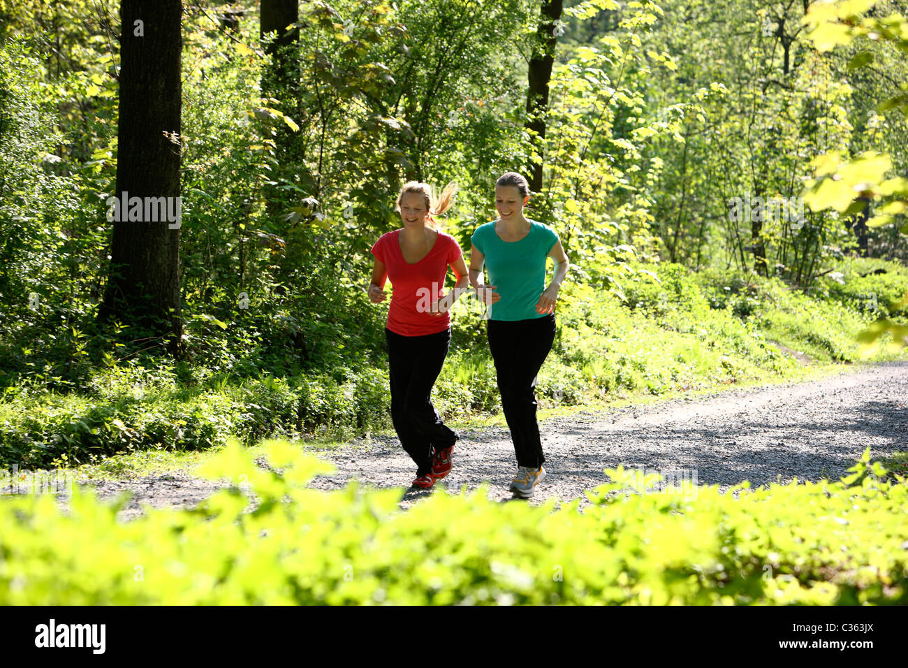 Two female hobby runners, jogging in a forest in summer Stock Photo - Alamy