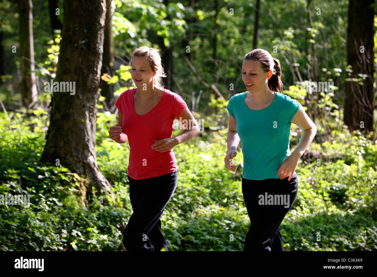 Two female hobby runners, jogging in a forest in summer Stock Photo - Alamy