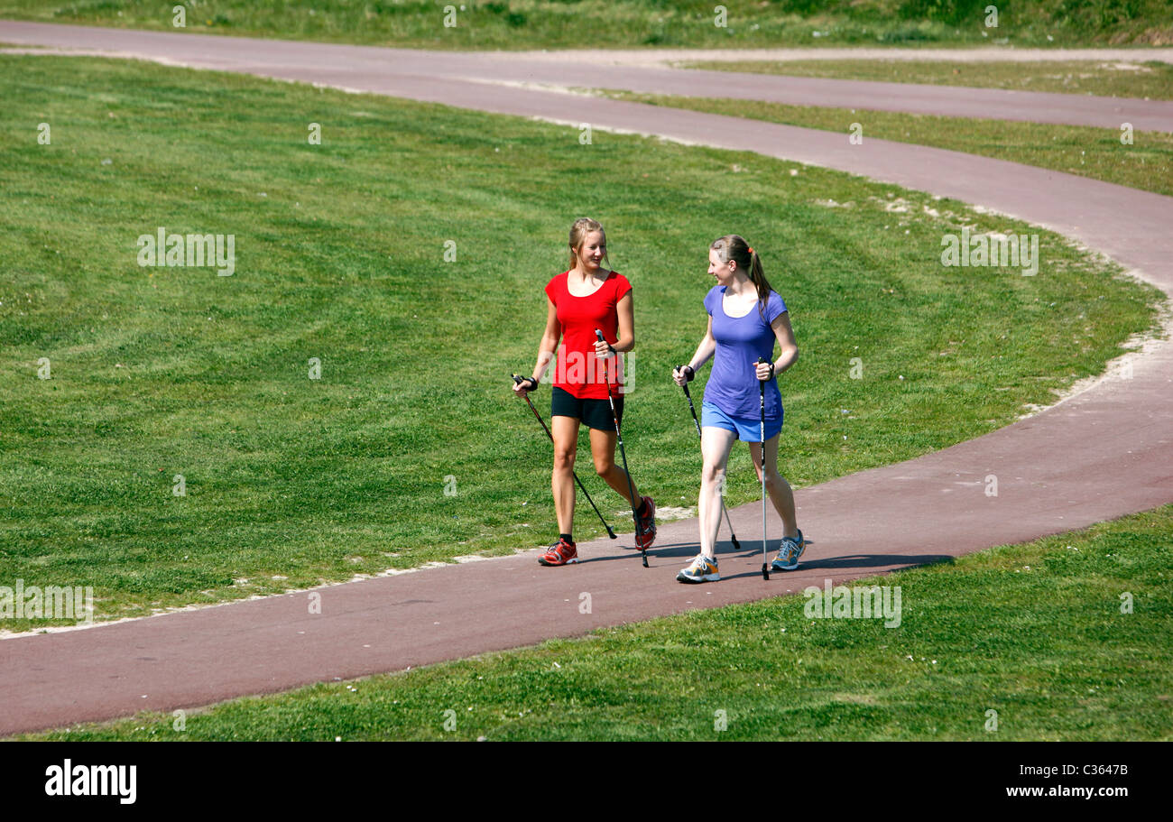 Two female hobby walker, with walking sticks Stock Photo - Alamy