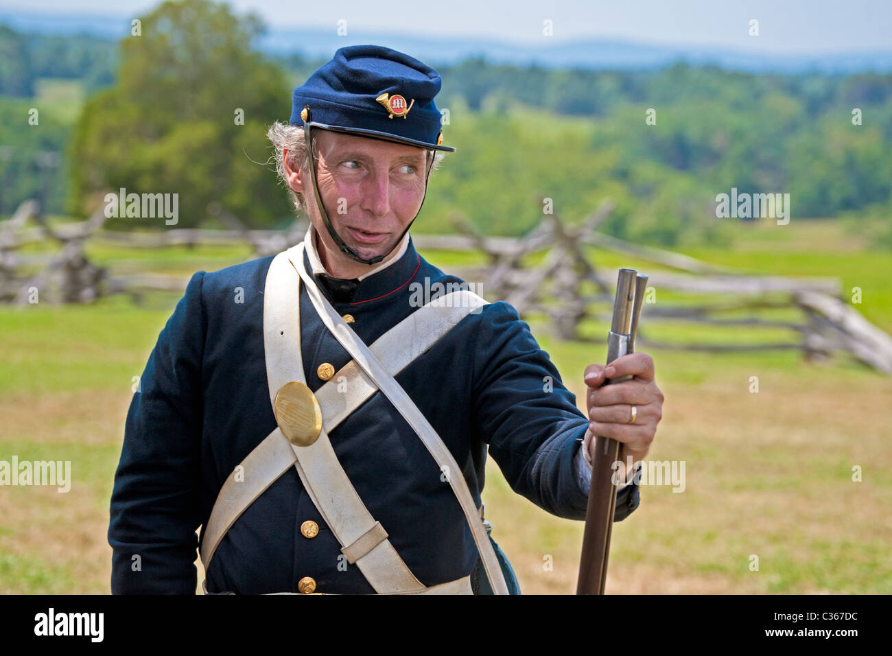 Union marine reenactor stands with rifle at his side on the Manassas ...