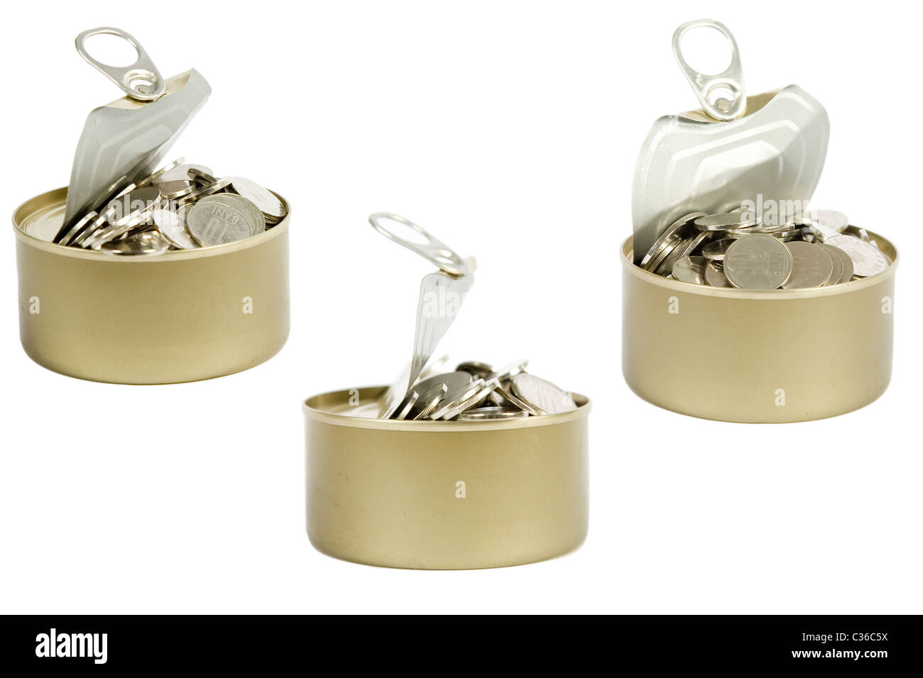 coins in a tin can isolated over white Stock Photo - Alamy