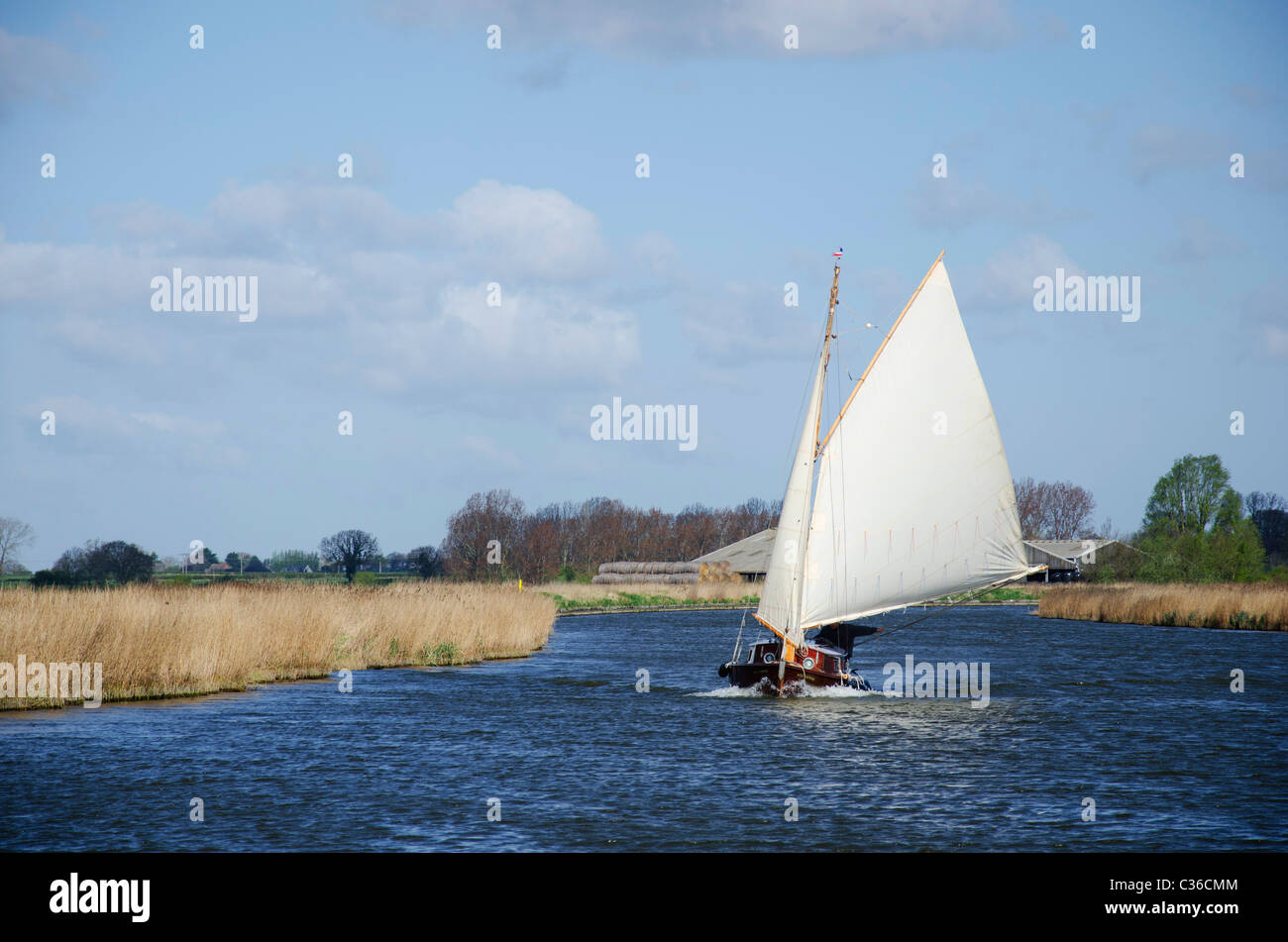 Yacht sailing on the River Thurne, Norfolk Broads, East Anglia, England ...