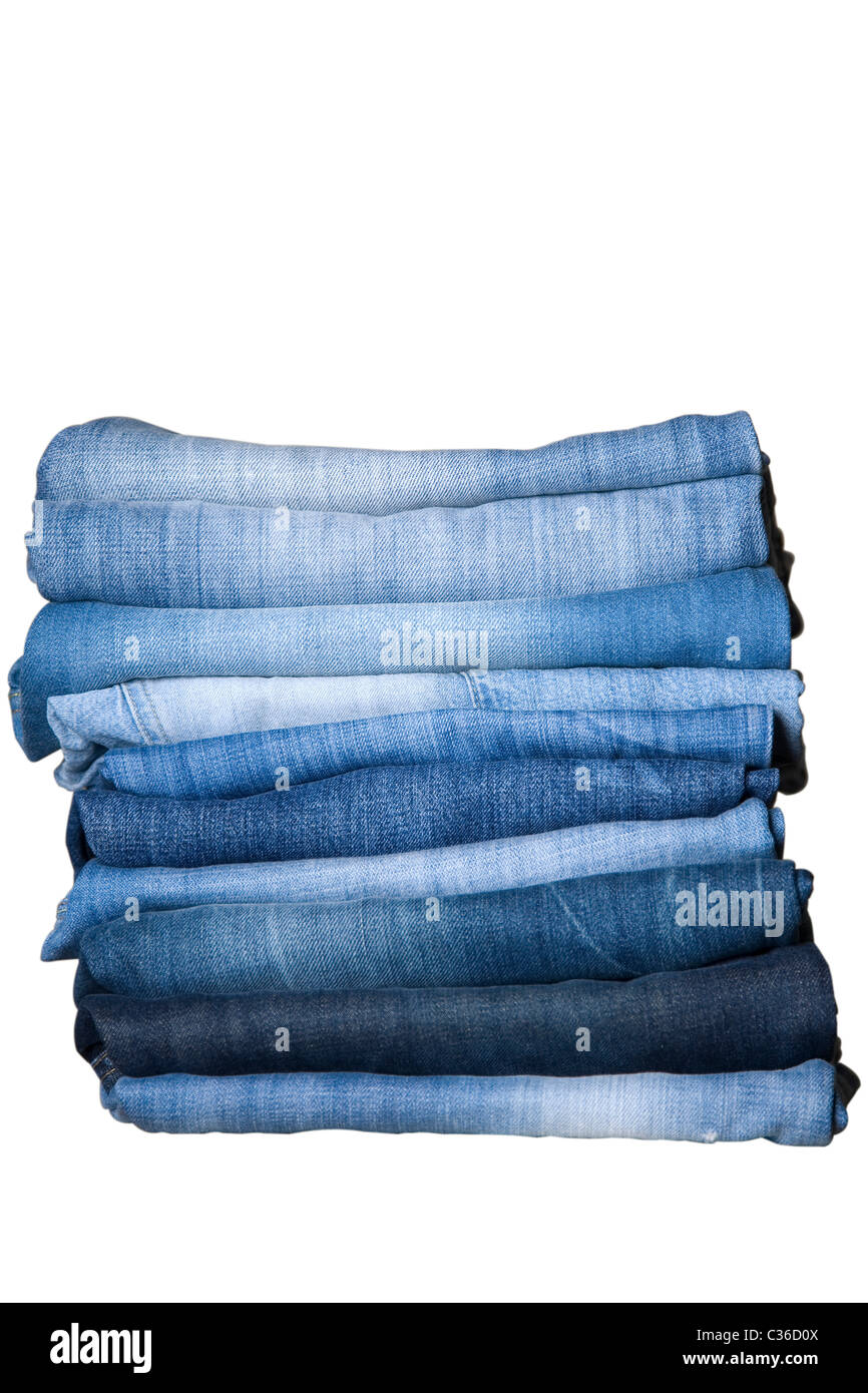 front view of stack, blue denim jeans Stock Photo - Alamy
