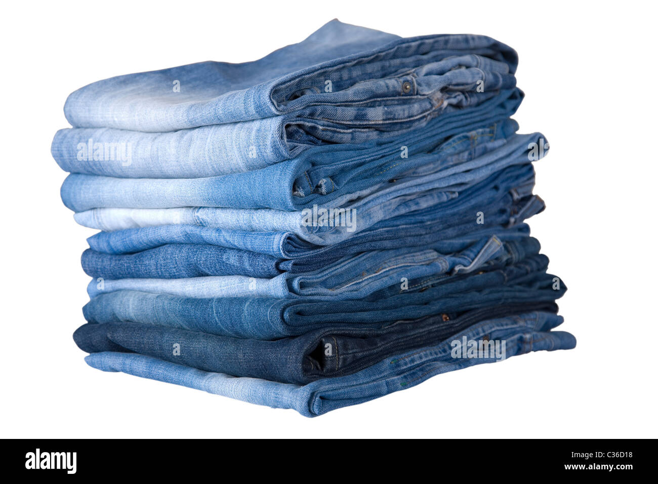 front view of stack, blue denim jeans Stock Photo - Alamy