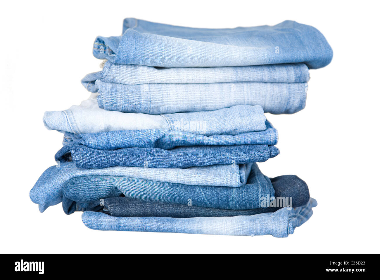 front view of stack, blue denim jeans Stock Photo - Alamy