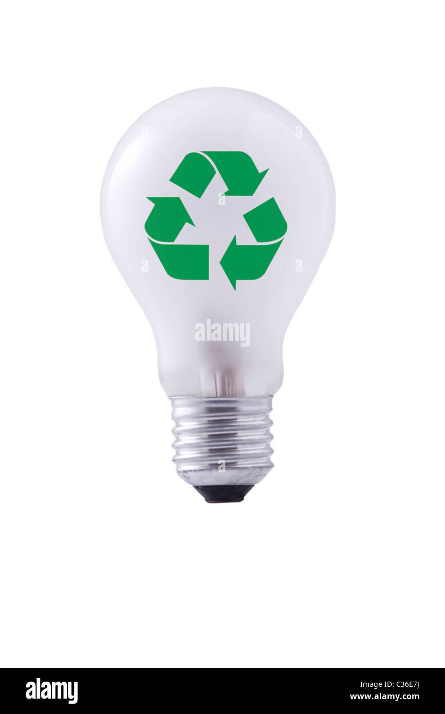 light bulb and green recycling sign on white background Stock Photo - Alamy