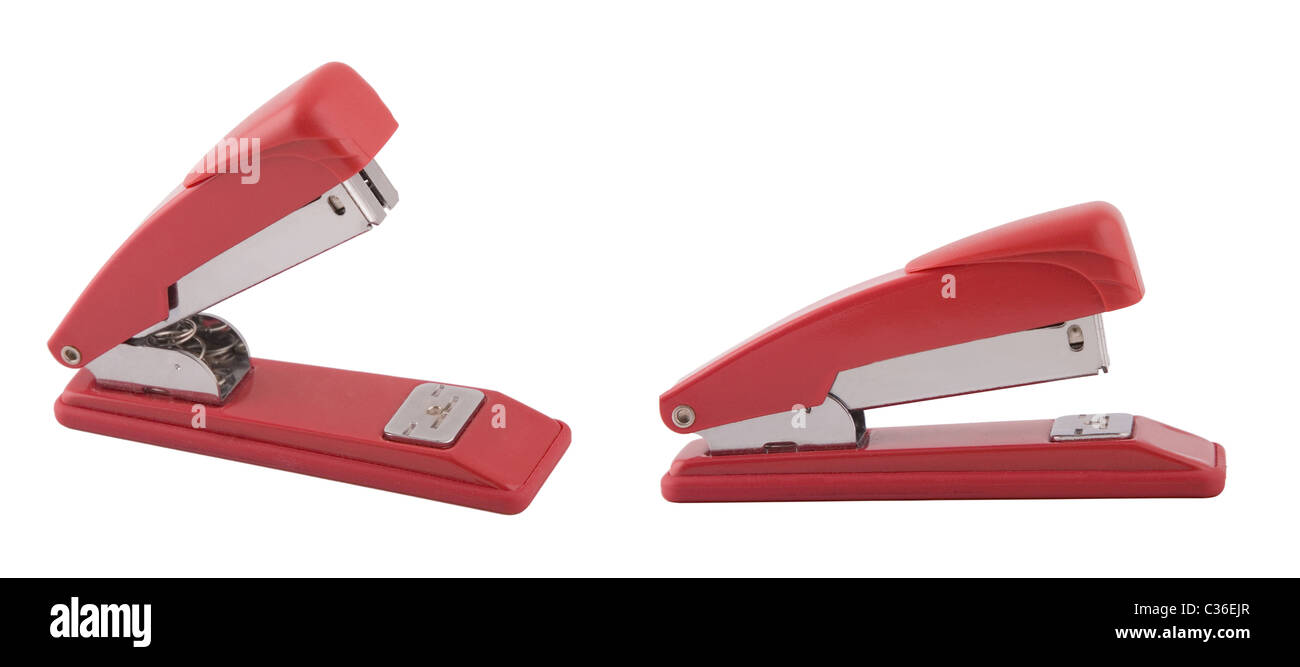 two point of view of red stapler on white background Stock Photo - Alamy