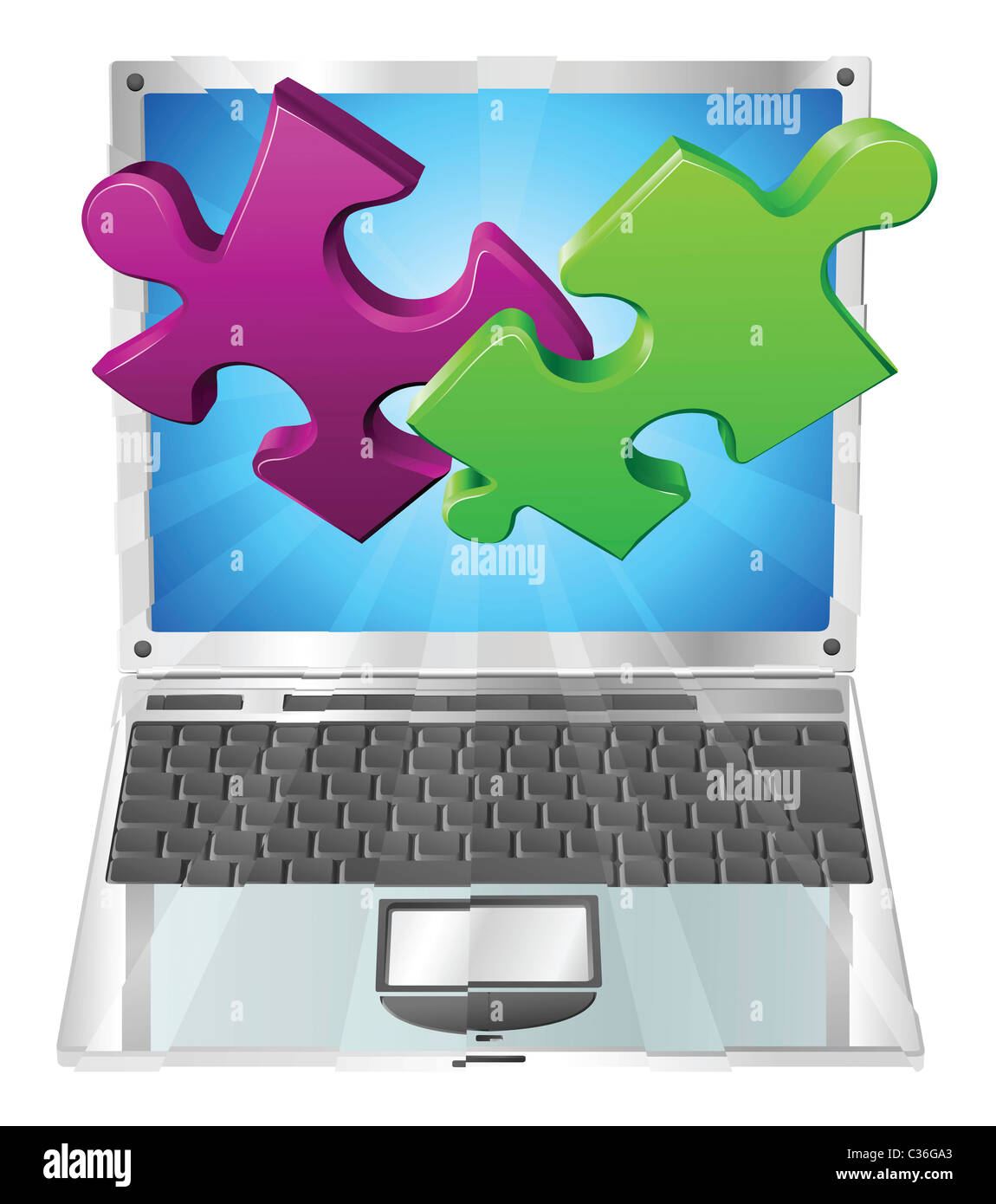 Jigsaw puzzle pieces flying out of a stylish laptop computer. Computer ...