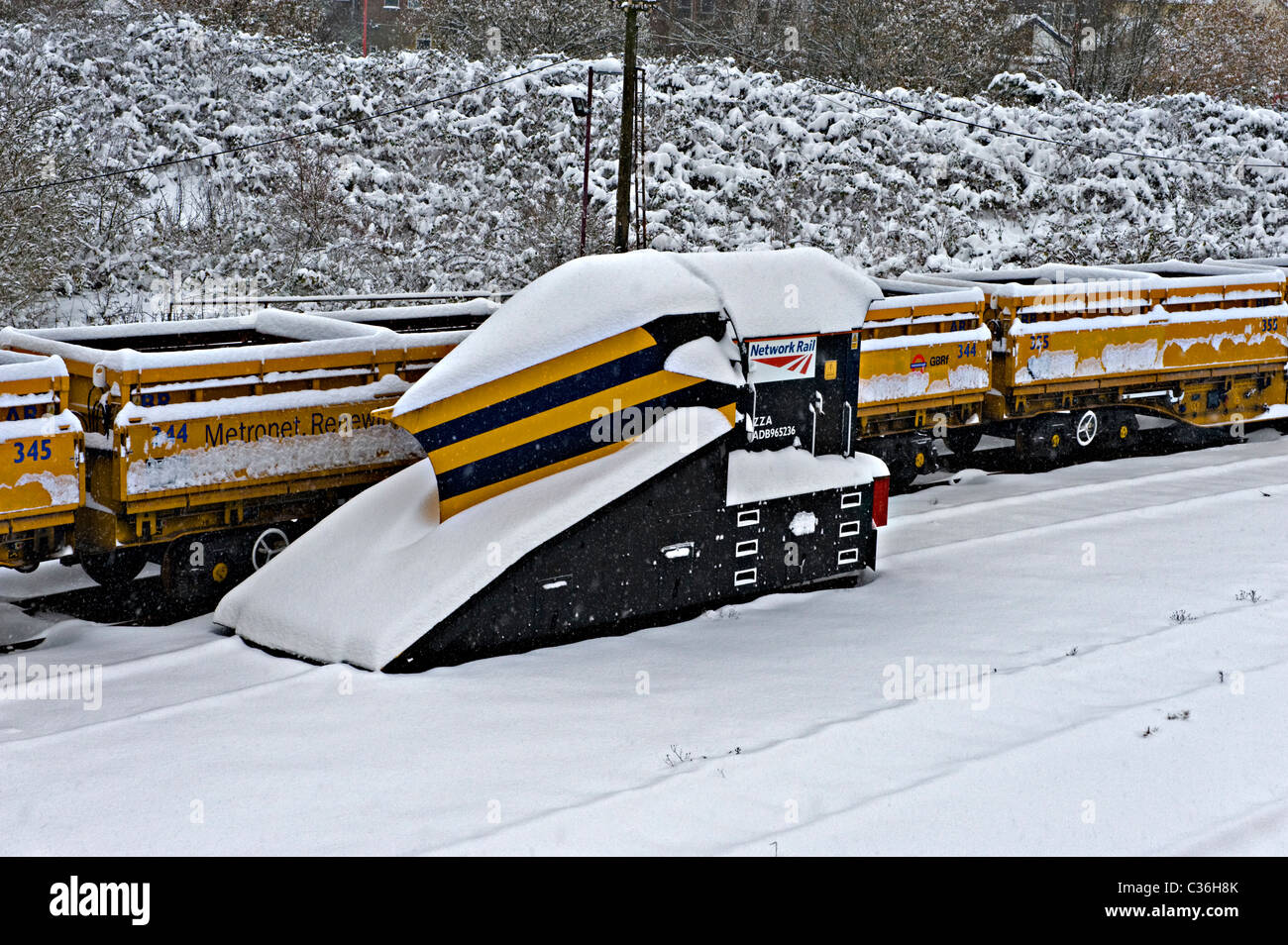 Railway Snowplough and Trucks Seen in Falling Snow at Tonbridge West ...